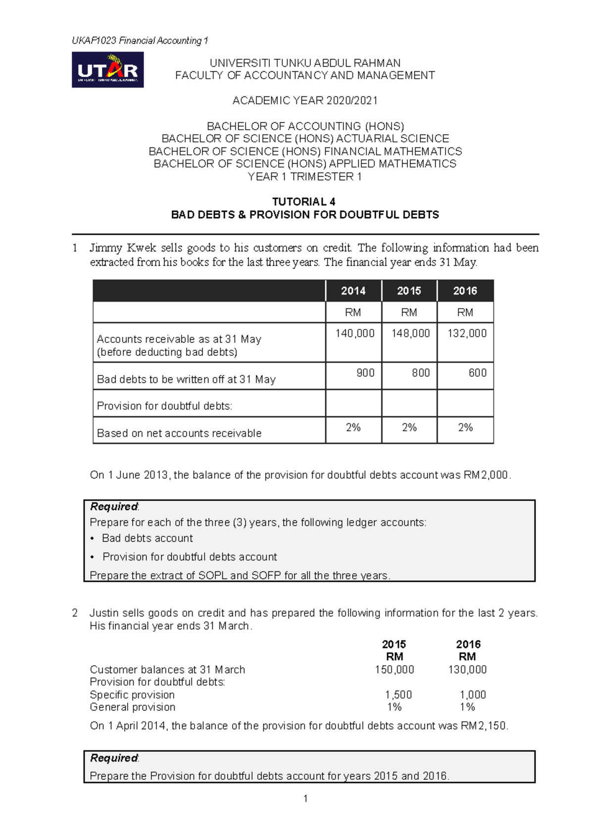 UKAF1023 Tutorial 4 - ...................... - UKAF1023 Financial ...