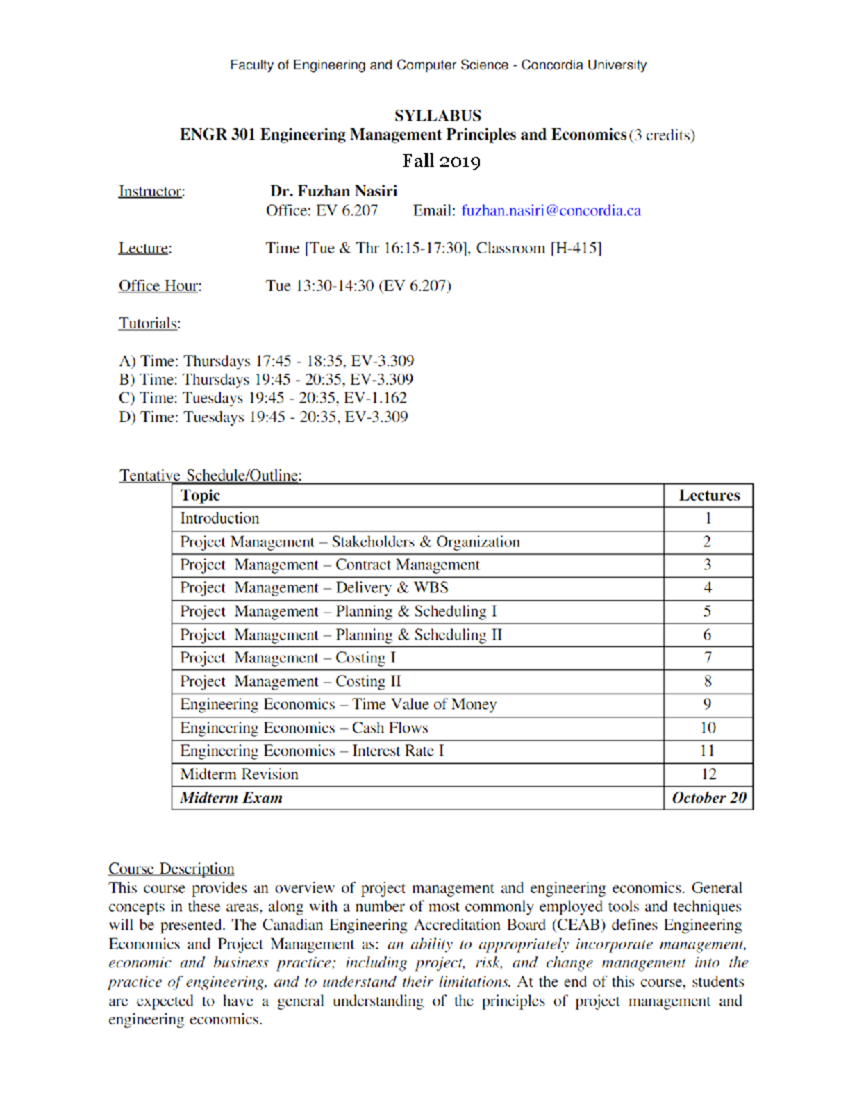Concordia outline engr 301 - ENGR 301 - Fall - Studocu