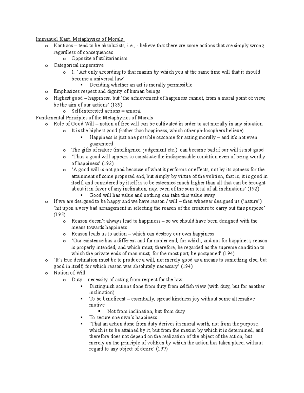 Kant - Deontology - Summary of the Reading - Immanuel Kant, Metaphysics ...