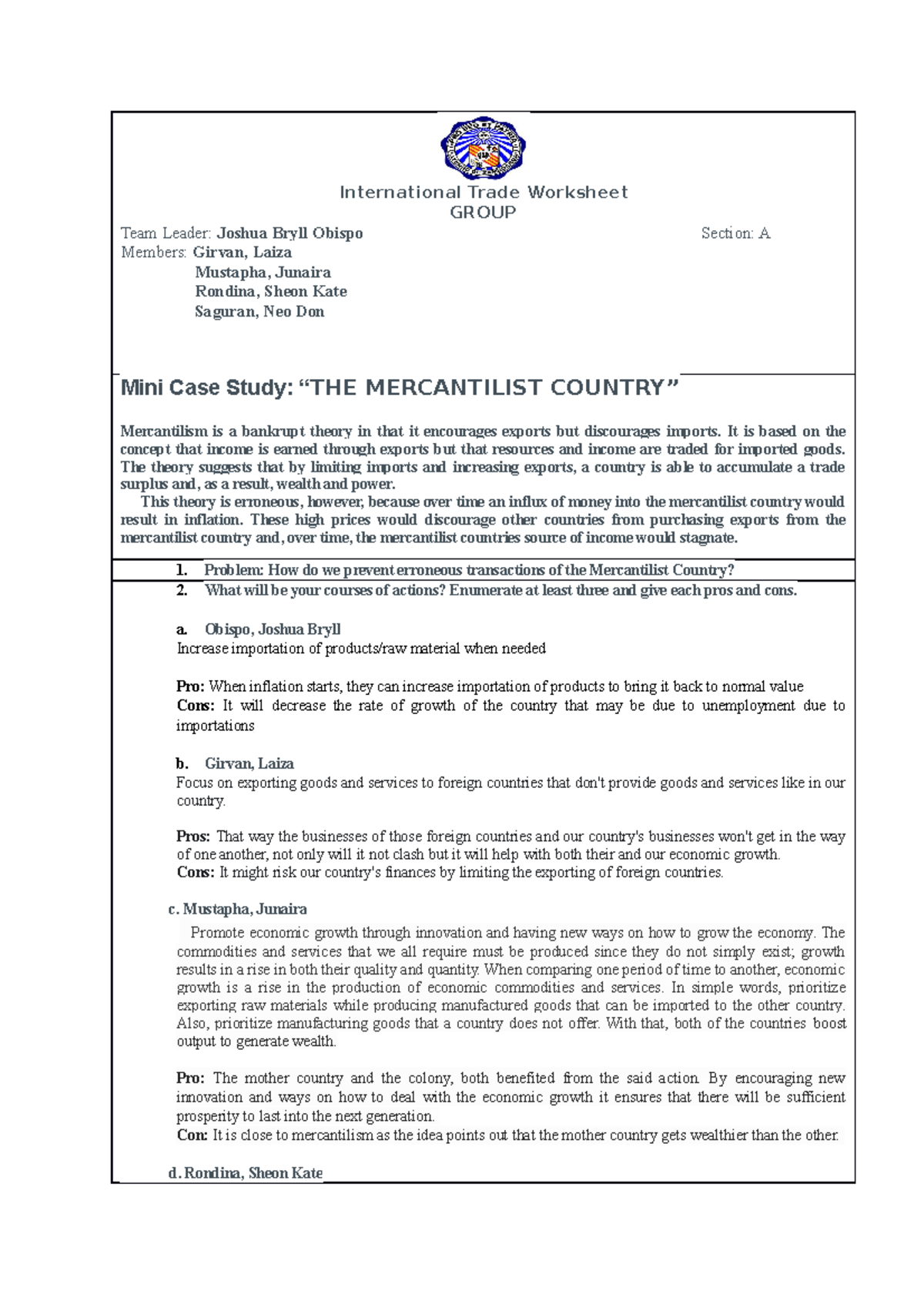 Activity-1 - Abraham graham - International Trade Worksheet GROUP Team ...