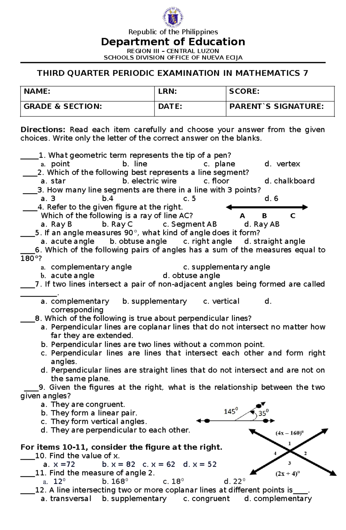 Math 7 Examination - Republic of the Philippines Department of ...