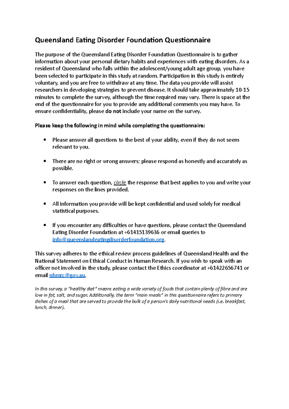Queensland Eating Disorder Foundation Questionnaire - As a resident of ...