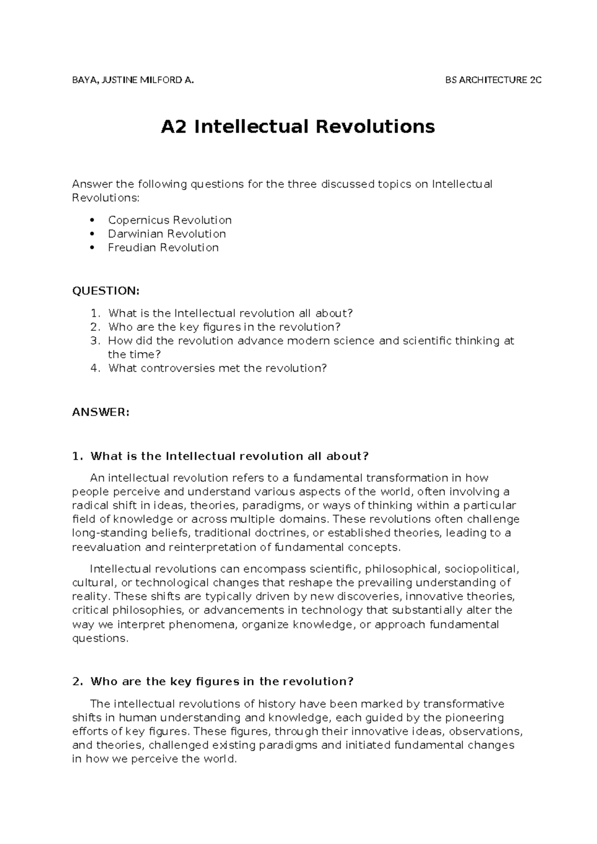 A2 Intellectual Revolutions - BAYA, JUSTINE MILFORD A. BS ARCHITECTURE ...