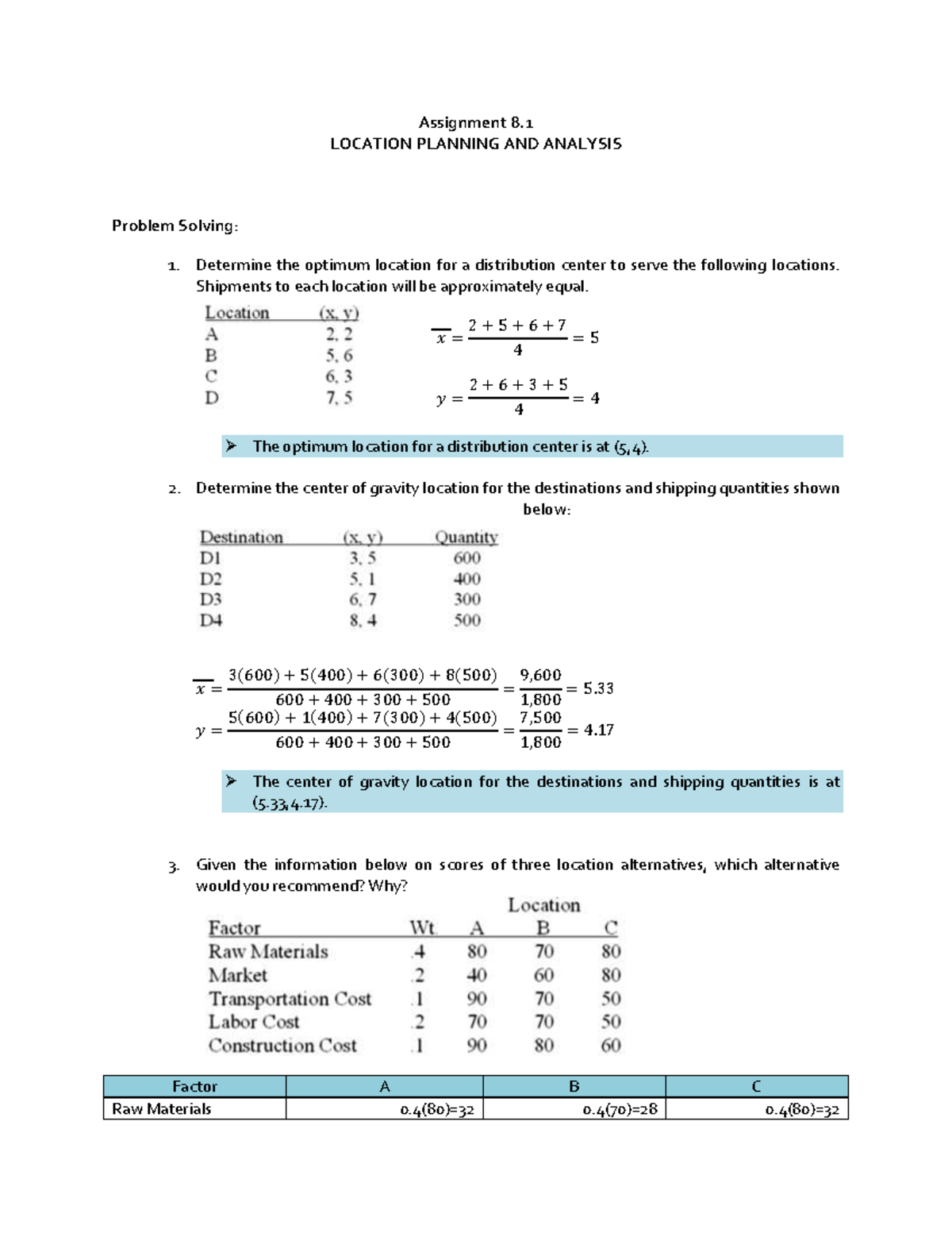 Assignment 8 Cbmec 1 - Assignment 8. LOCATION PLANNING AND ANALYSIS ...