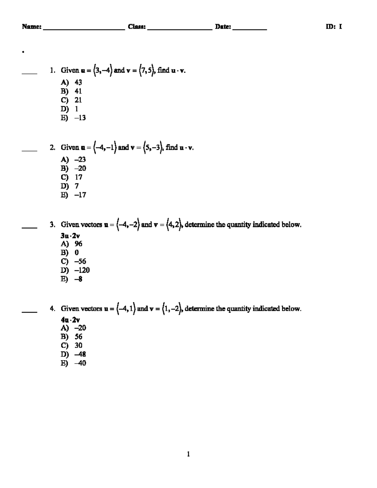 Zumara Sambrano - Vector Dot Product IP - Name: Class: Date: ID: I 1 ...