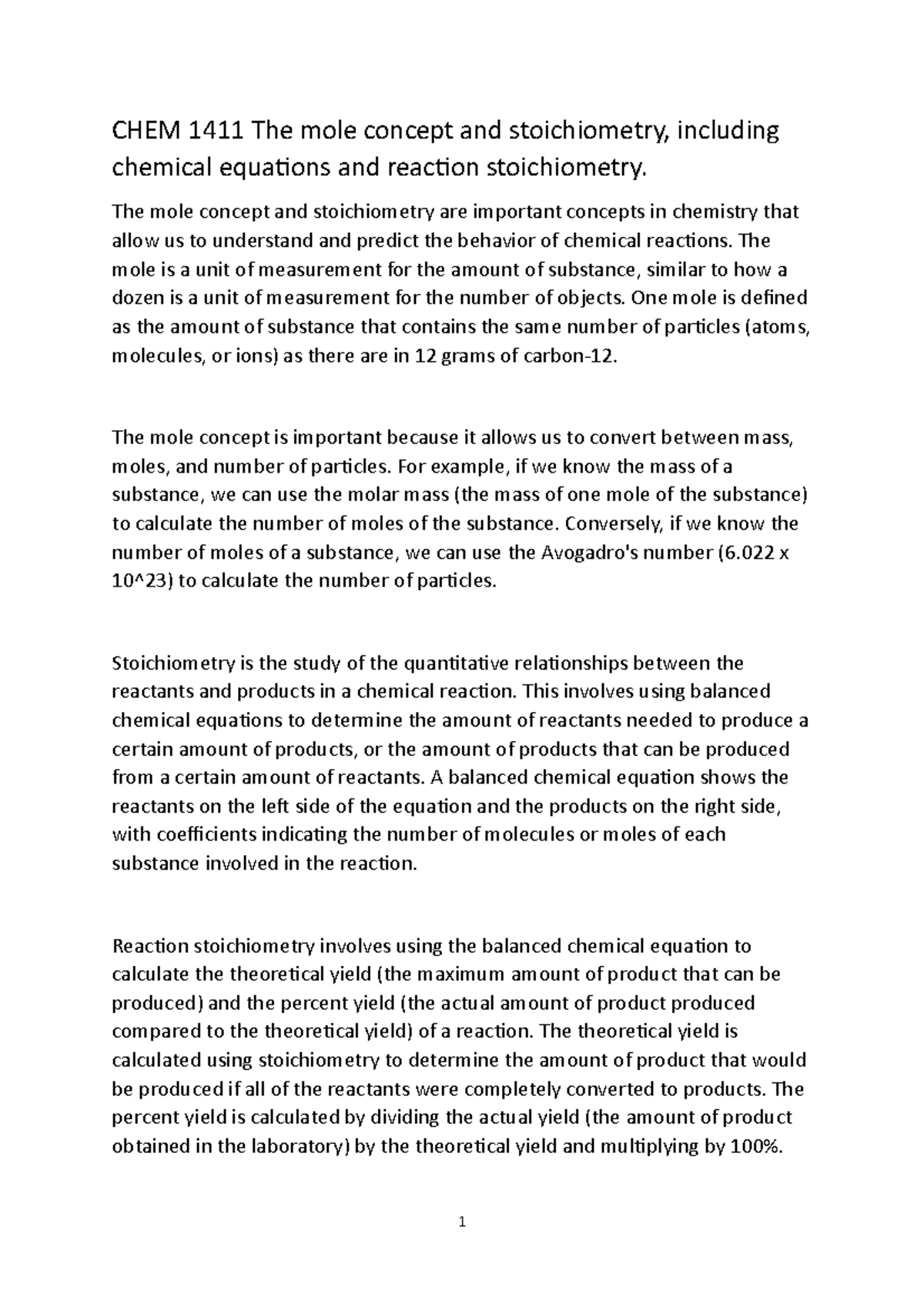 CHEM 1411 The mole concept and stoichiometry - The mole concept and ...