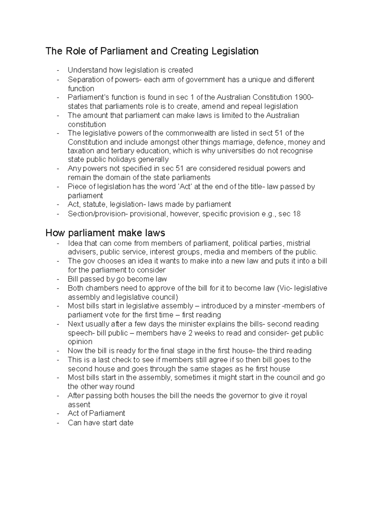 The Role of Parliament and Creating Legislation - The Role of ...