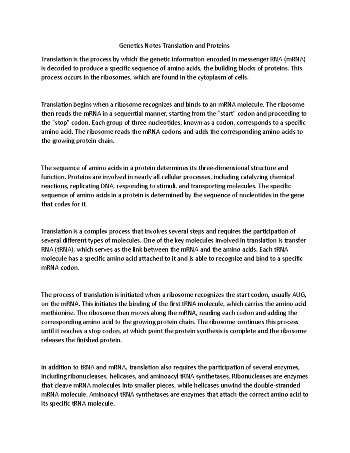 Genetics Notes Translation and Proteins - Genetics Notes Translation ...