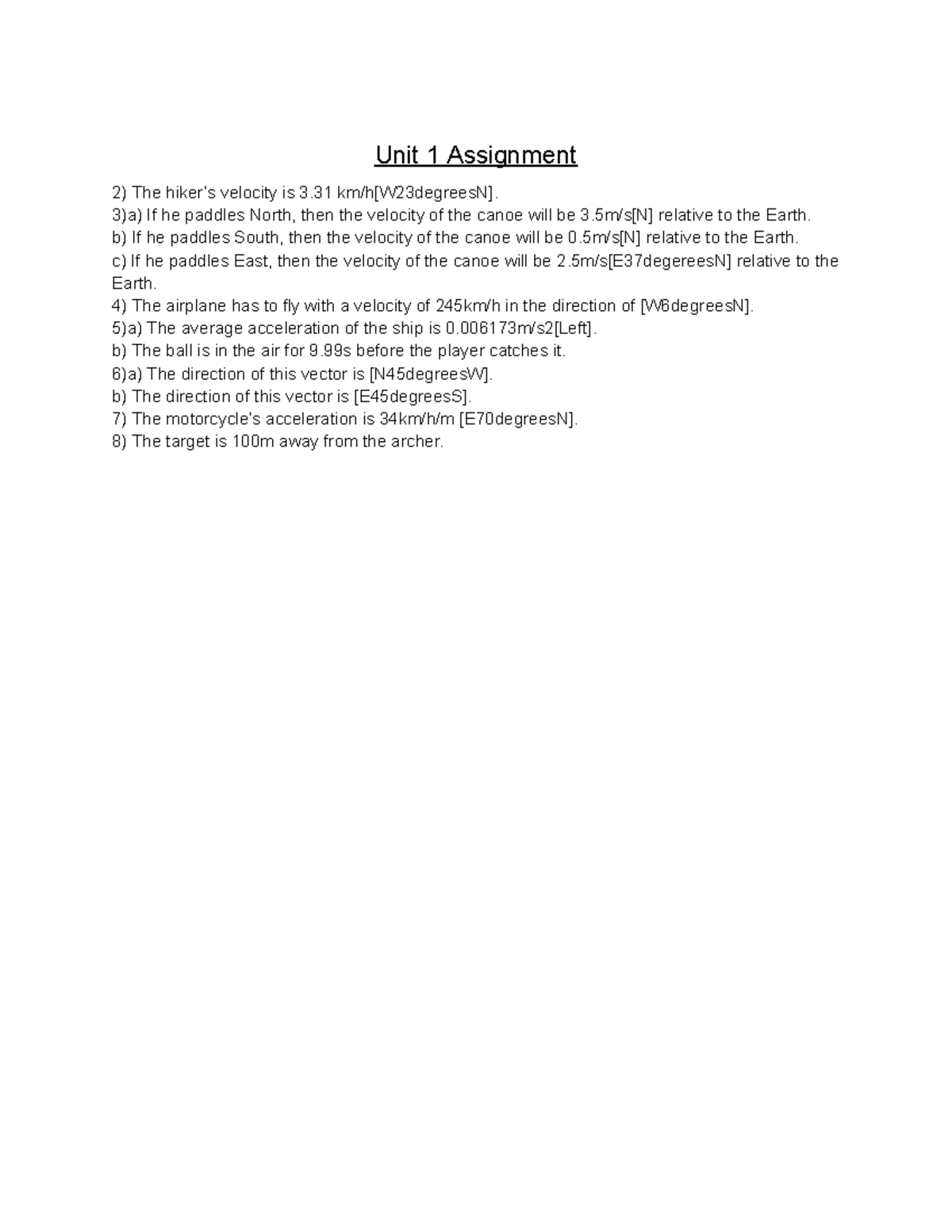 Unit 1 Assignment Unit 1 Assignment The Hiker s Velocity Is 3 Km h