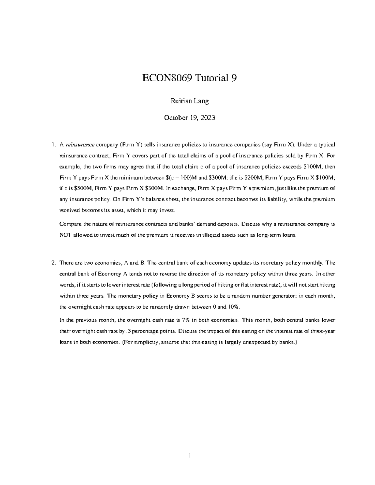 Tutorial 9 - ASSIGNEMTN - ECON8069 Tutorial 9 Ruitian Lang October 19 ...