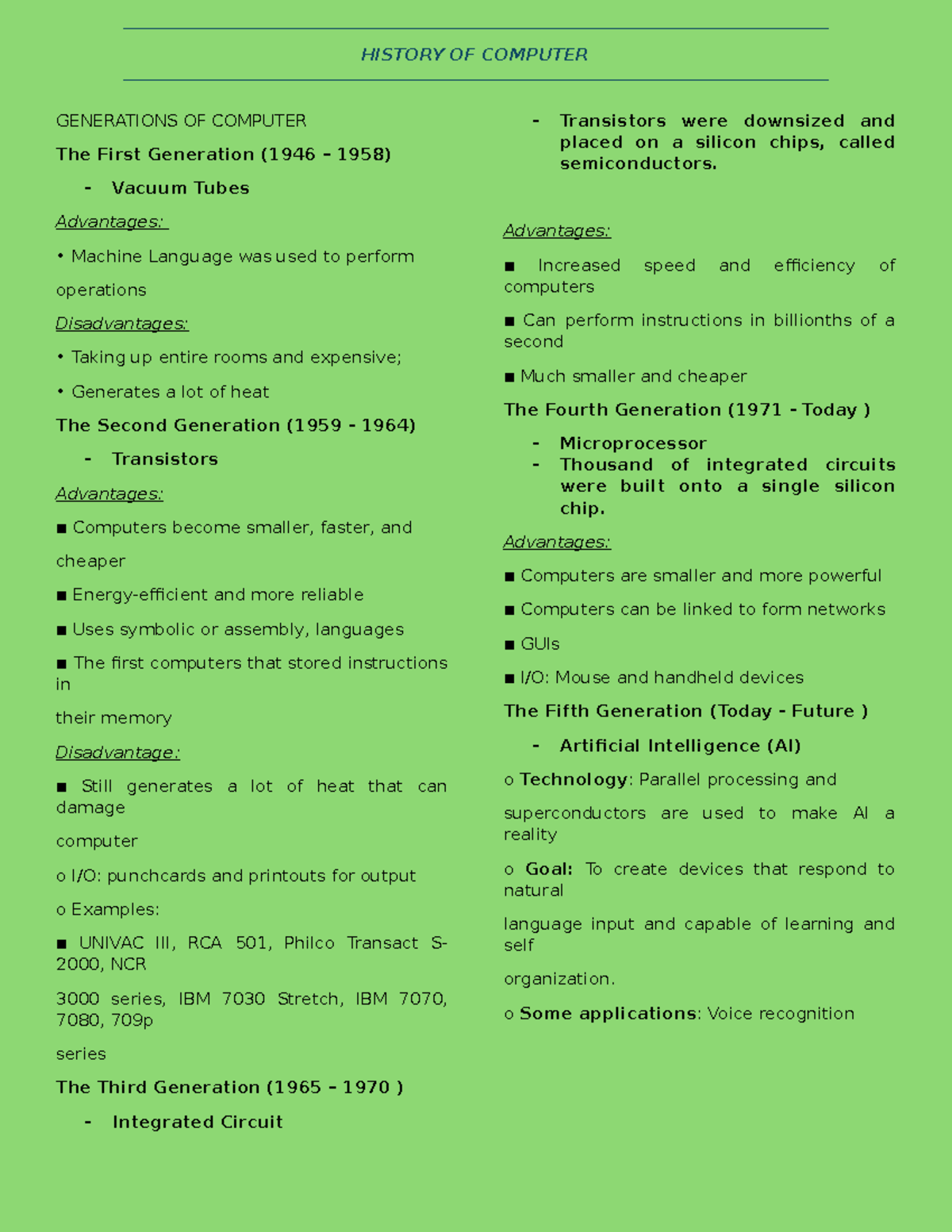 Generations OF Computer - HISTORY OF COMPUTER GENERATIONS OF COMPUTER ...