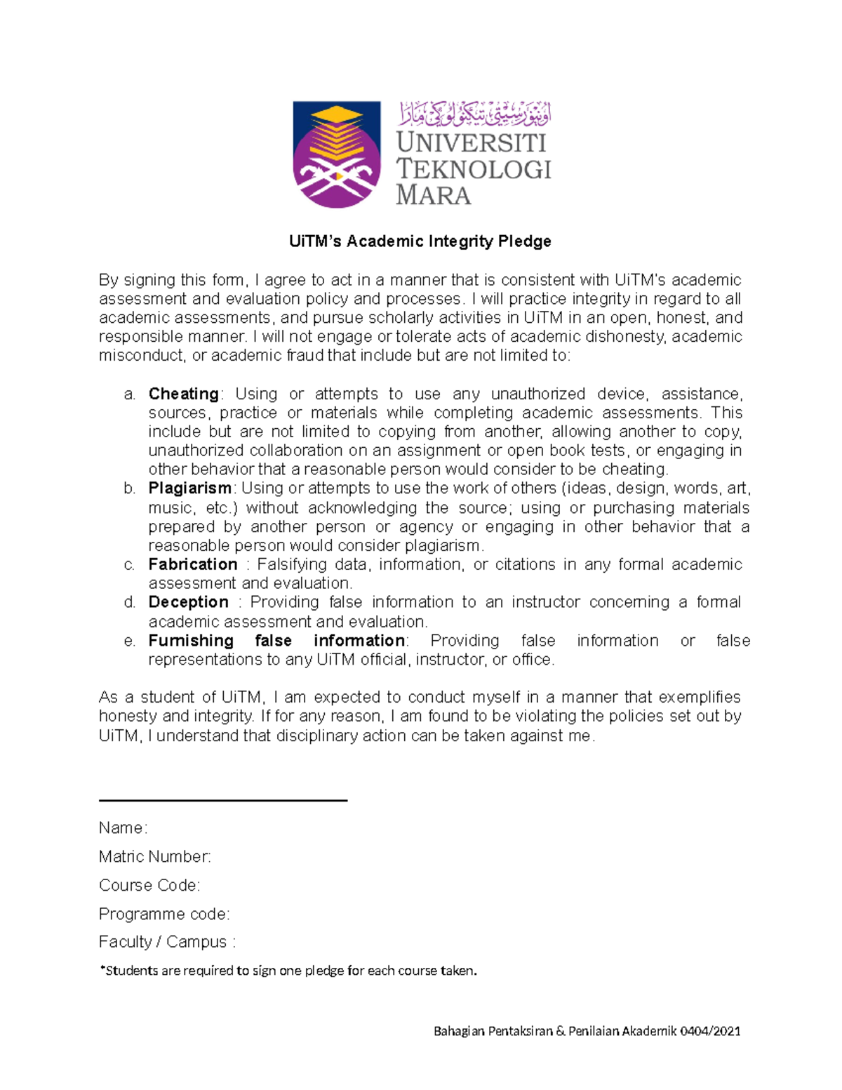 Student Integrity Pledge-converted - UiTM’s Academic Integrity Pledge ...