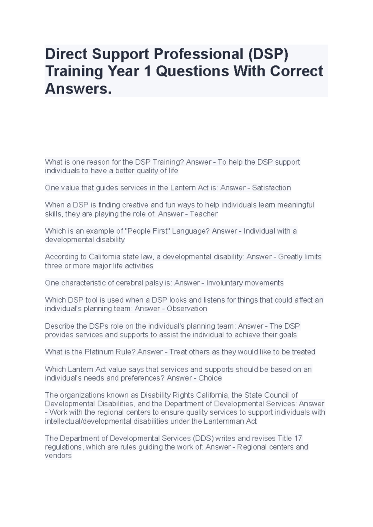 Direct Support Professional (DSP) Training Year 1 Questions With Correct Answers - What is one ...