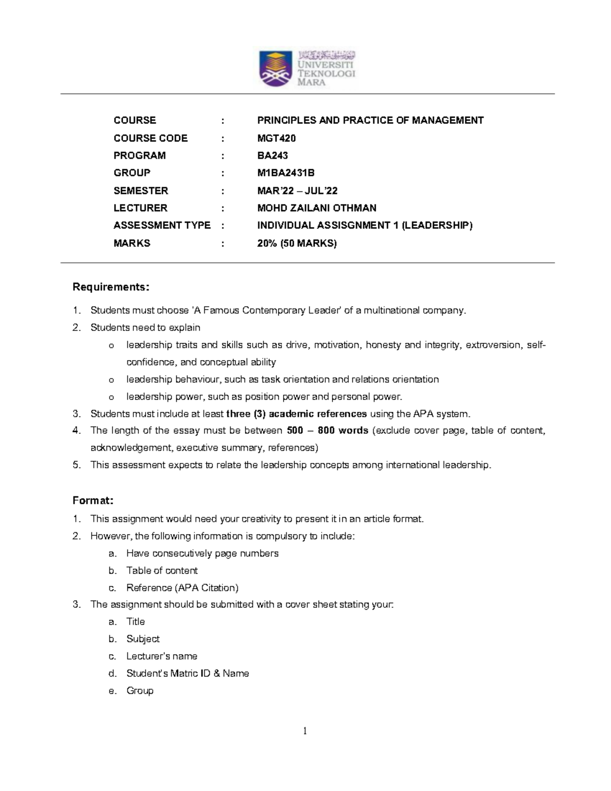 MGT420 Individual Assignment 1 ( Leadership) Mar-Jul22 M1BA2431B - 1 ...