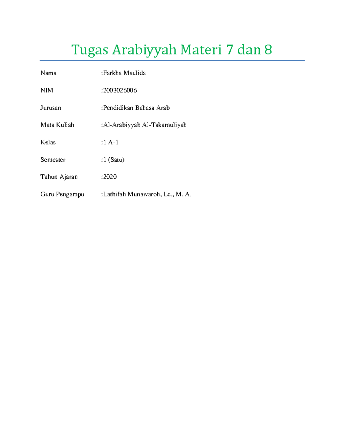 Tugas ABY 1A Bab 7 dan 8 - Mata kuliah Arabiyyah Takamuliyyah semester ...