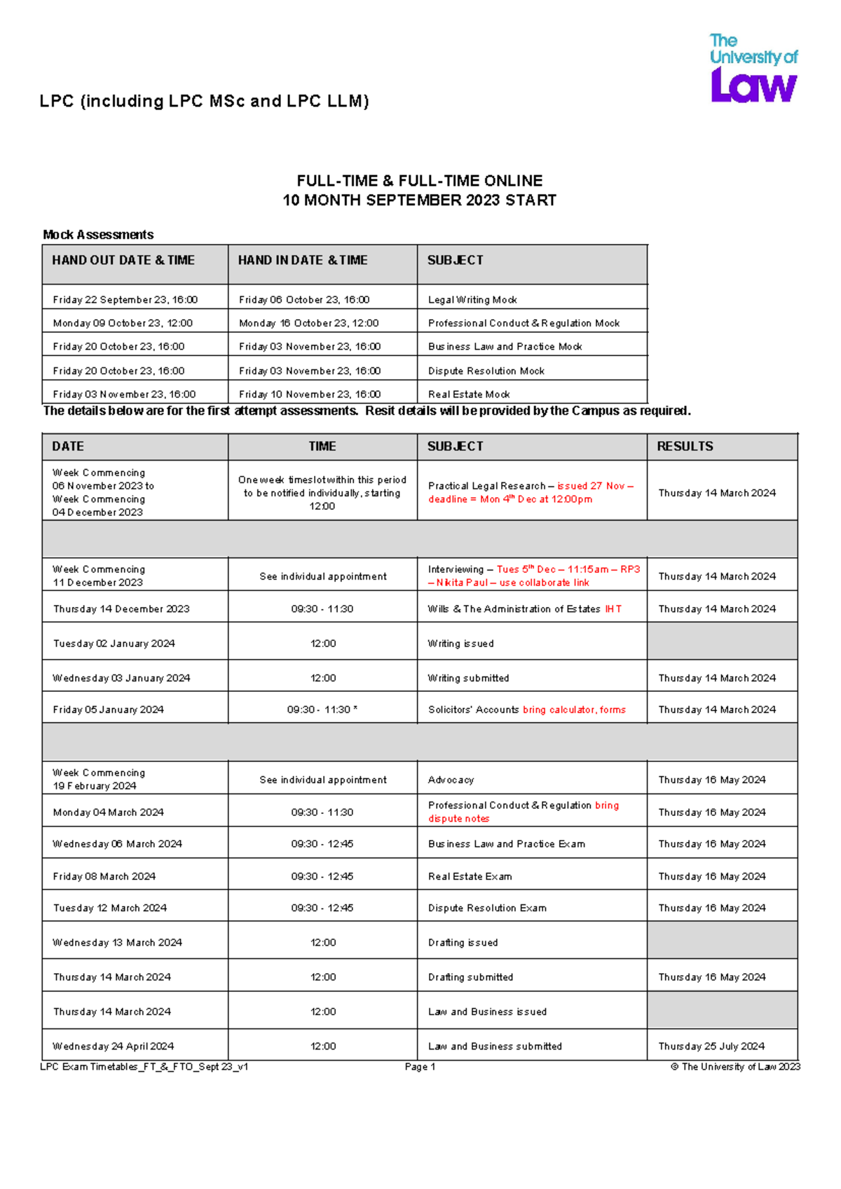 LPC Exam Timetables FT & FTO Sept 23 - LPC (including LPC MSc and LPC ...