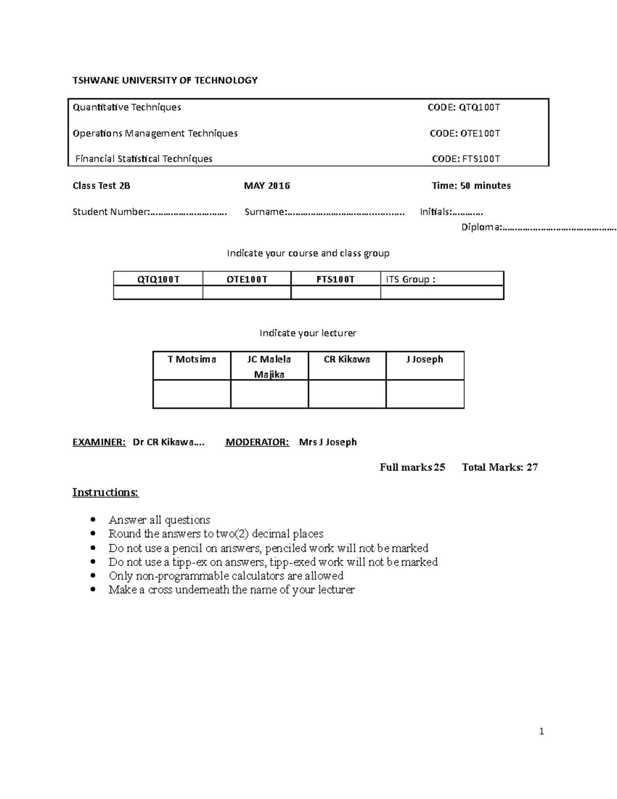 CT 2B and Memo - class test 2B memo done by a lectures together to test ...