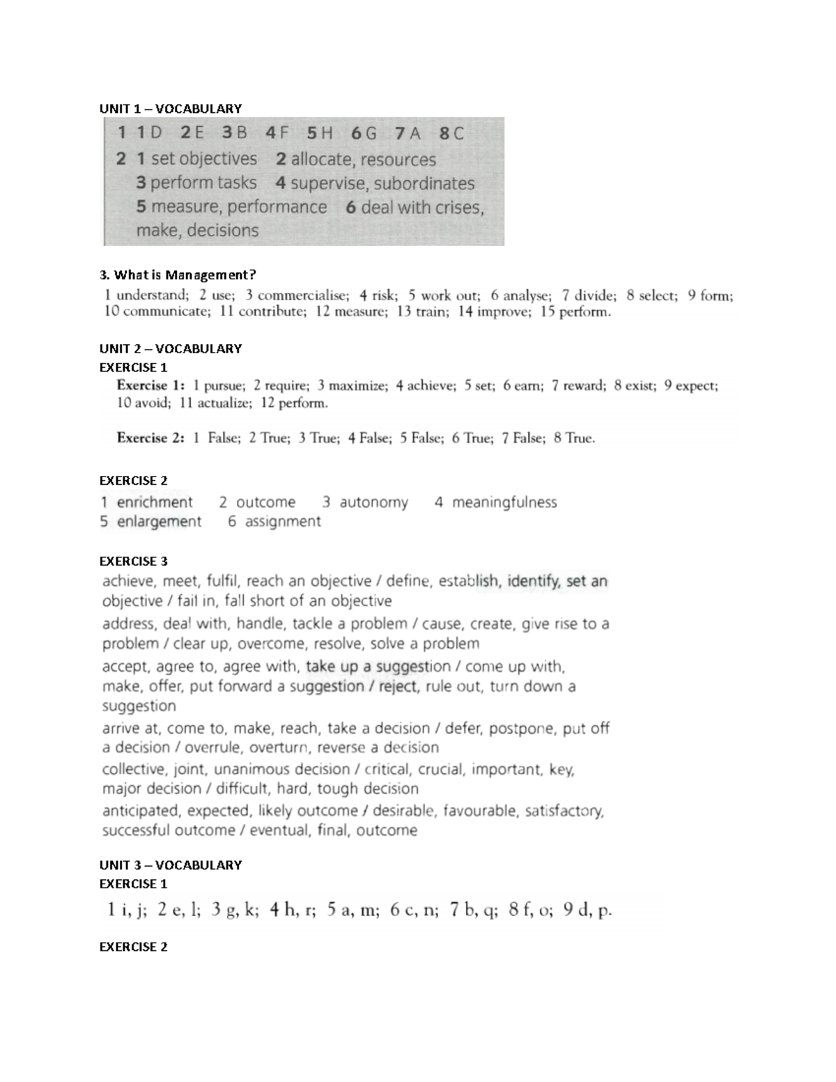 Vocab-key - ESP - UNIT 1 – VOCABULARY What is Management? UNIT 2 ...