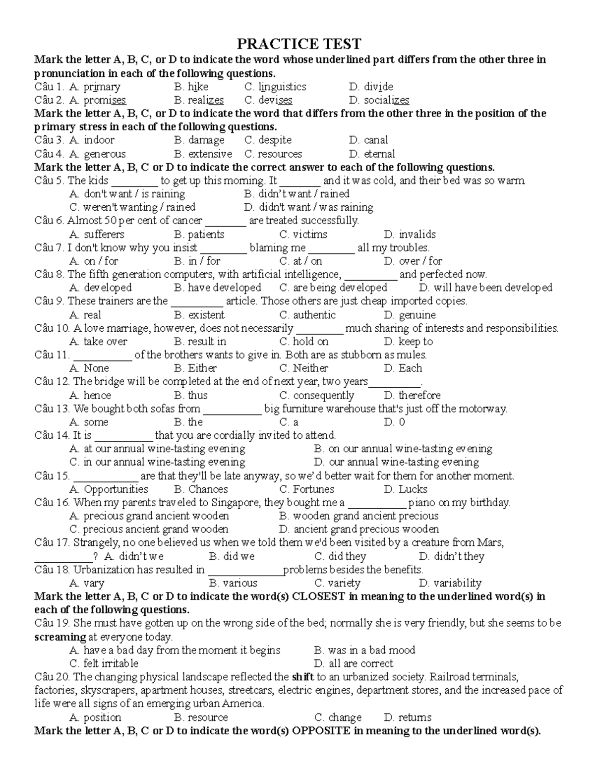 TEST 3 - dddddddddddd - PRACTICE TEST Mark the letter A, B, C, or D to ...