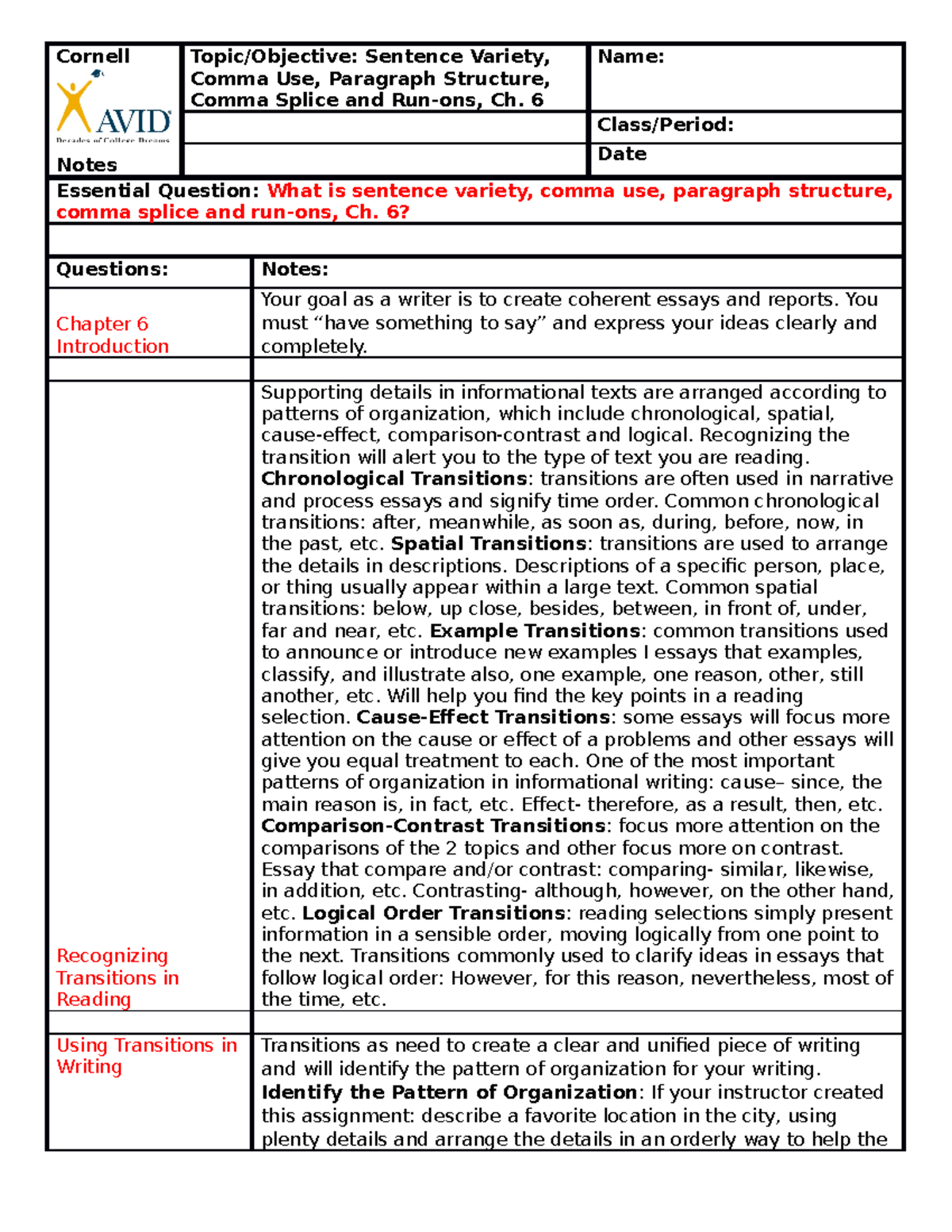 Cornell Notes ENGL Week 6 - Cornell Notes Topic/Objective: Sentence ...
