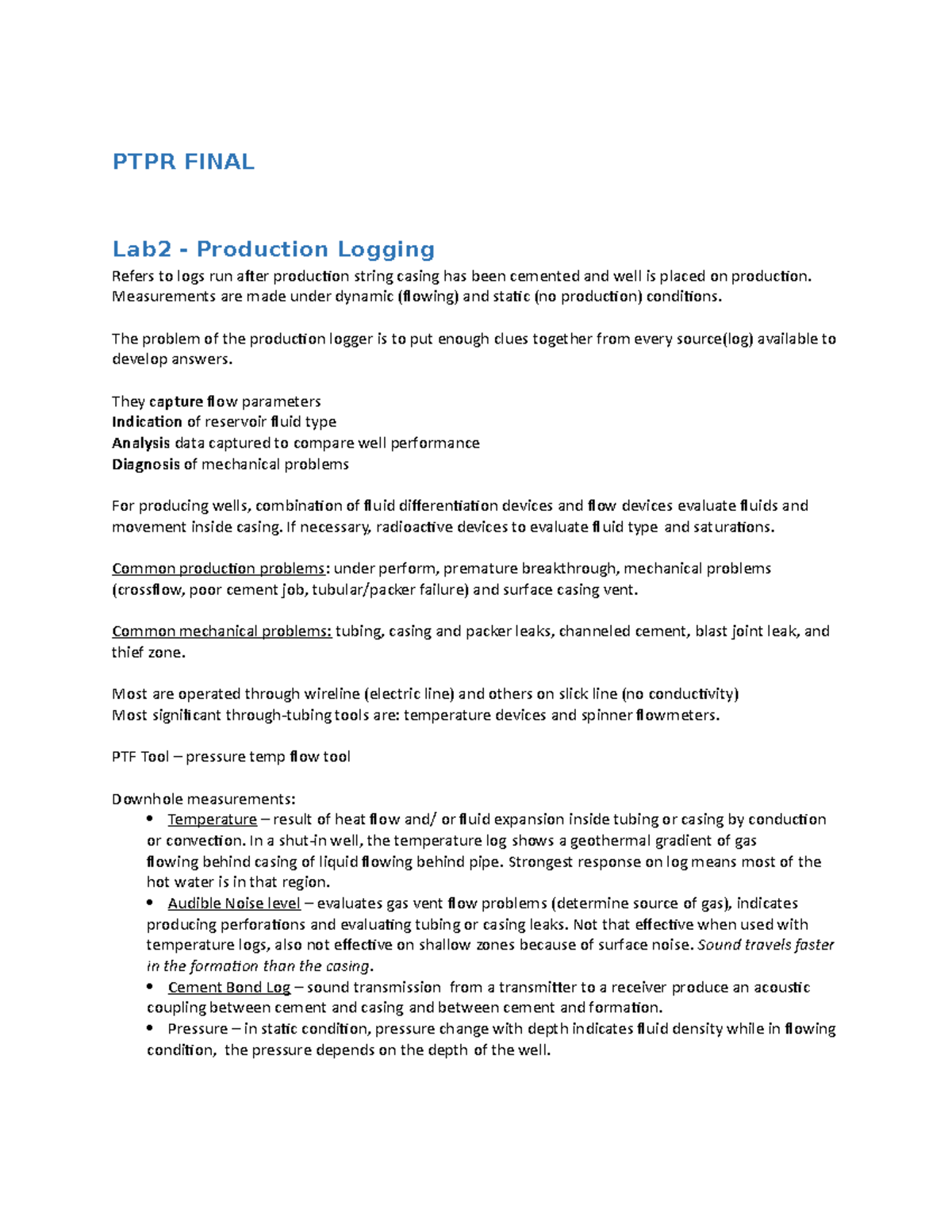 PTPR470 final review part 2 - PTPR FINAL Lab2 - Production Logging ...