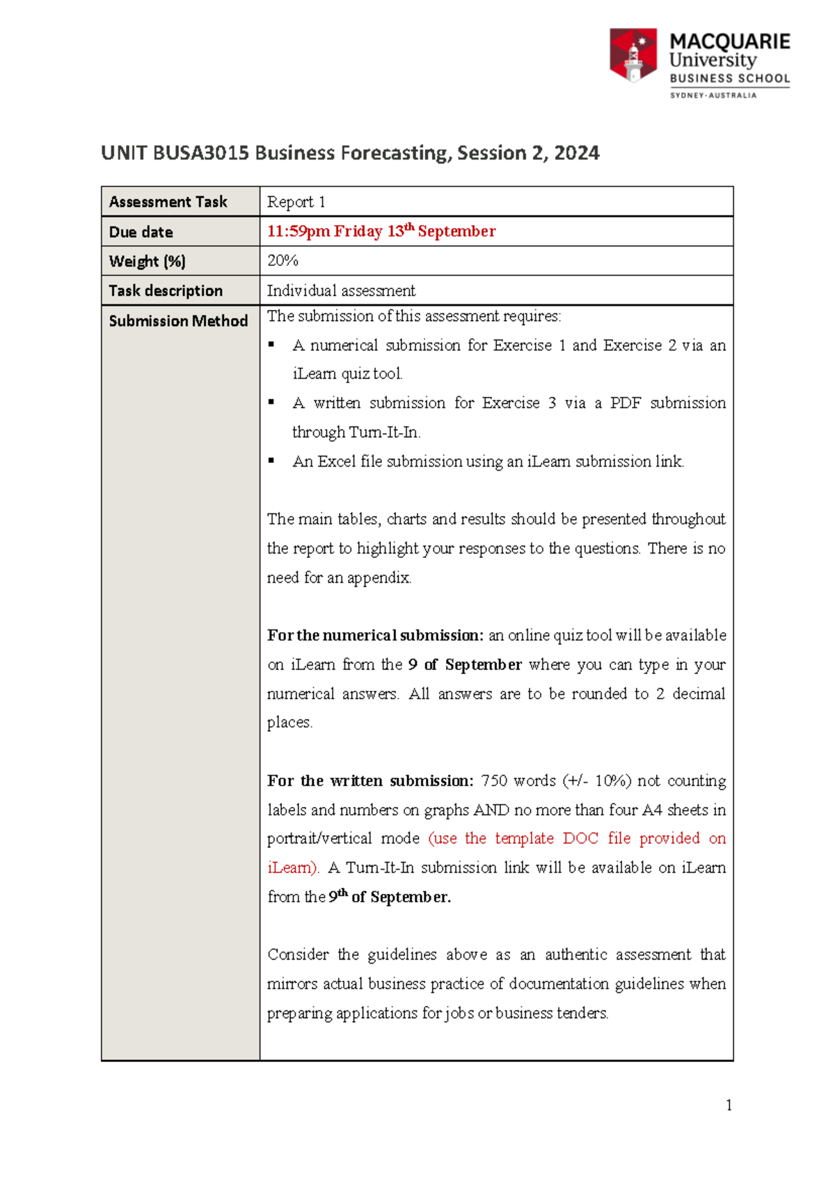 BUSA3015 Report 1-2024 s2 - UNIT BUSA3015 Business Forecasting, Session 2 , 20 24 Assessment ...