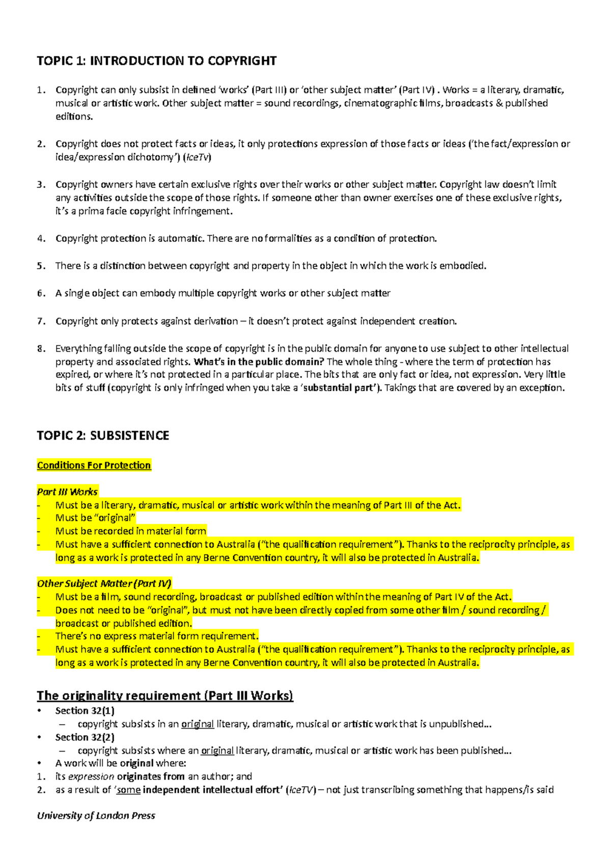 Copyright Exam Notes 2020 - TOPIC 1: INTRODUCTION TO COPYRIGHT ...