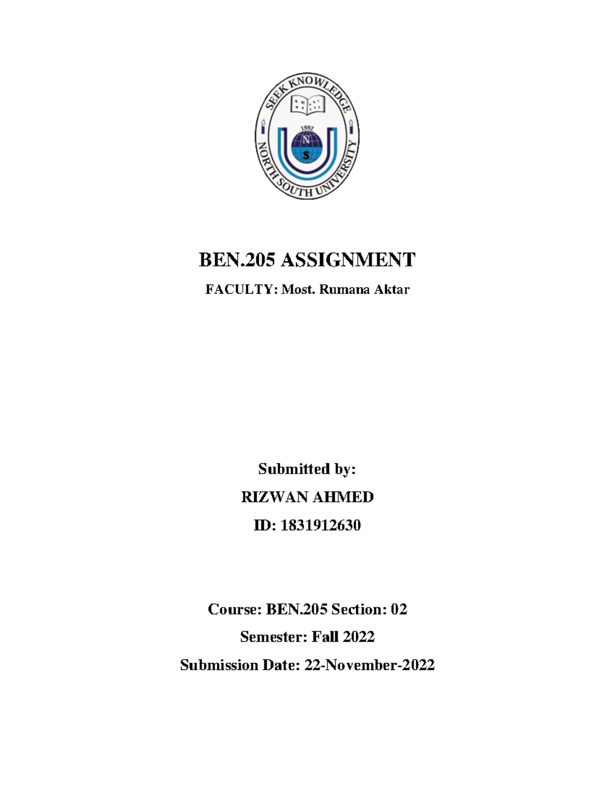 BEN205 Assignment - BEN ASSIGNMENT FACULTY: Most. Rumana Aktar Submitted by: RIZWAN AHMED ID ...