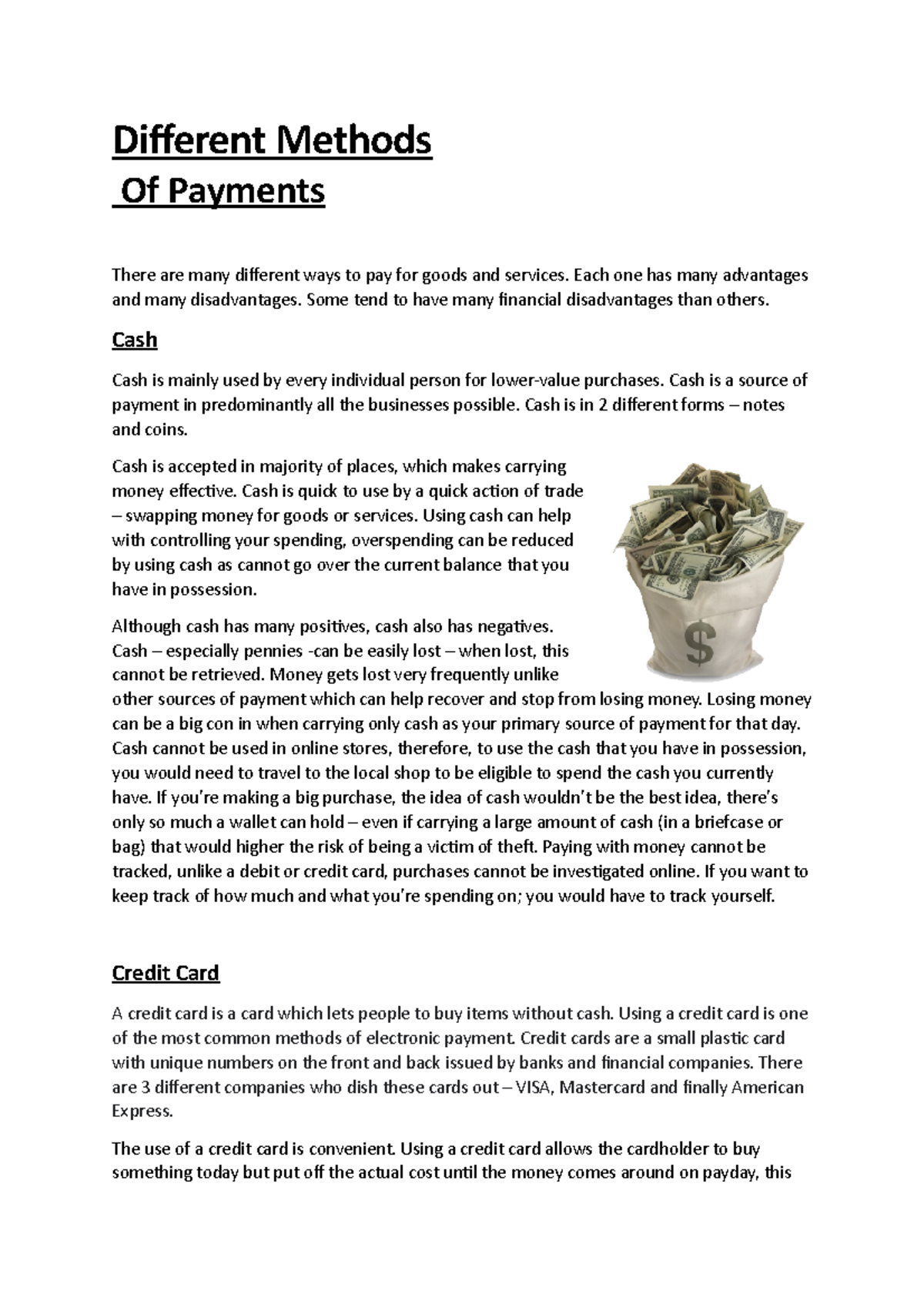 Induction Assessment – Different Types of Payment Methods - Different ...