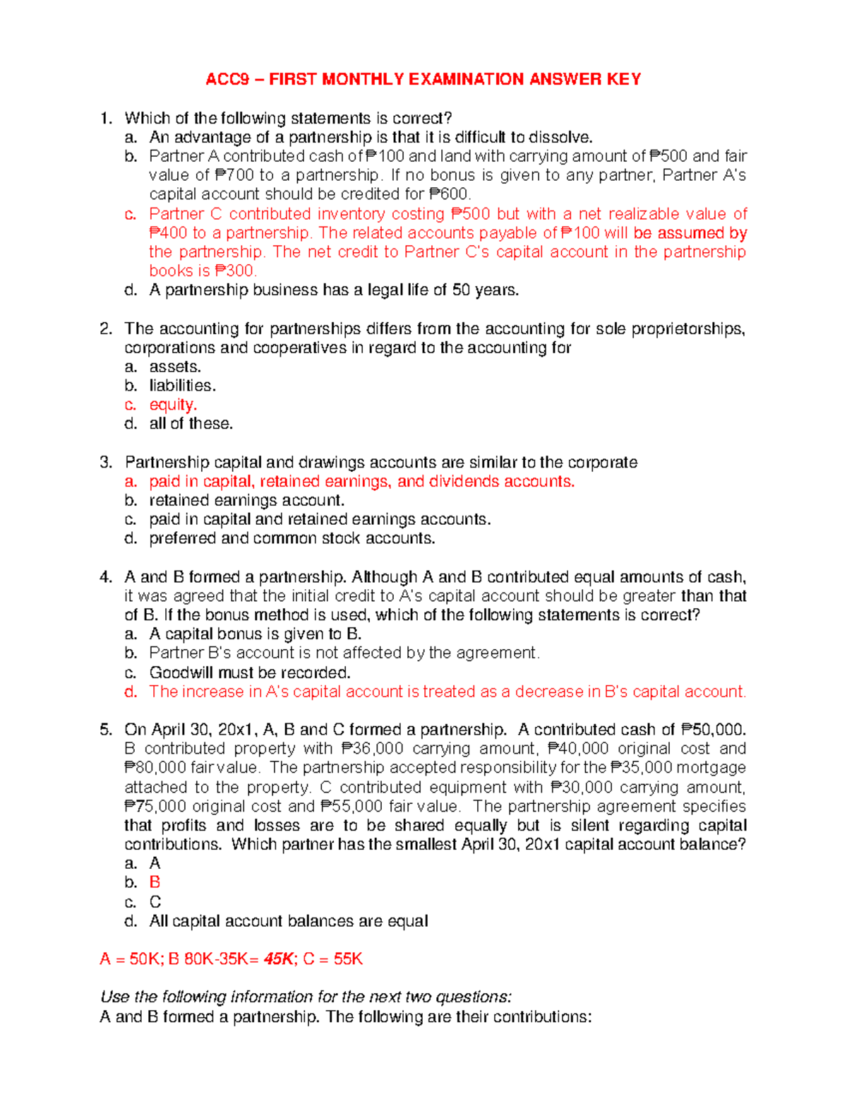 First Monthly Examinations Key Answers 2 - ACC9 – FIRST MONTHLY EXAMINATION ANSWER KEY Which of ...