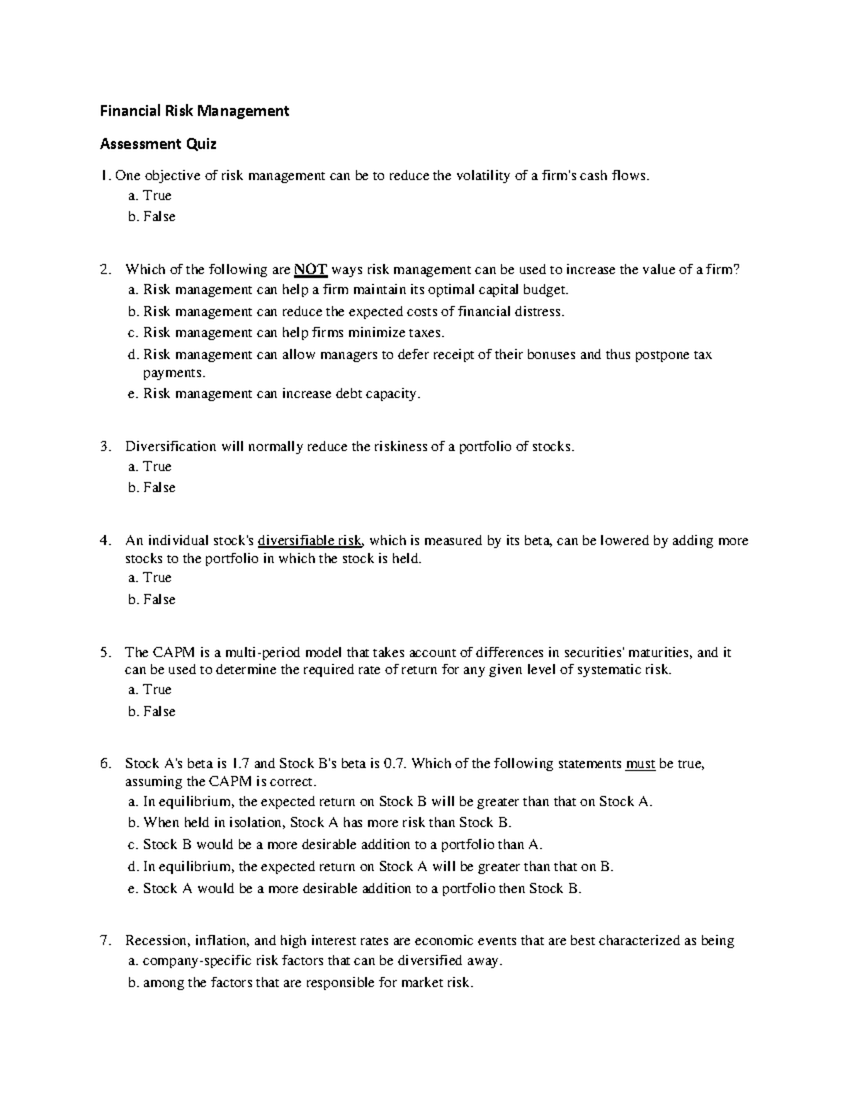 Quiz 1-financial risk management - Financial Risk Management Assessment ...