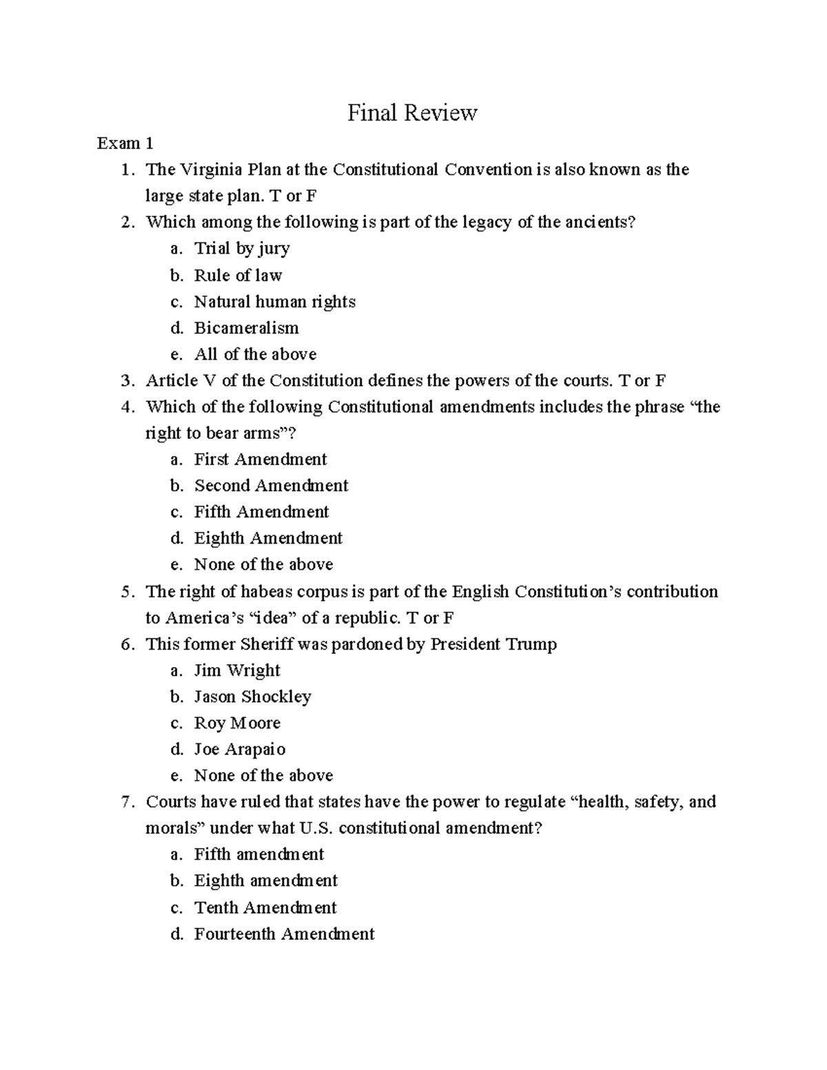 Final Review - Final Review Exam 1 1. The Virginia Plan at the ...