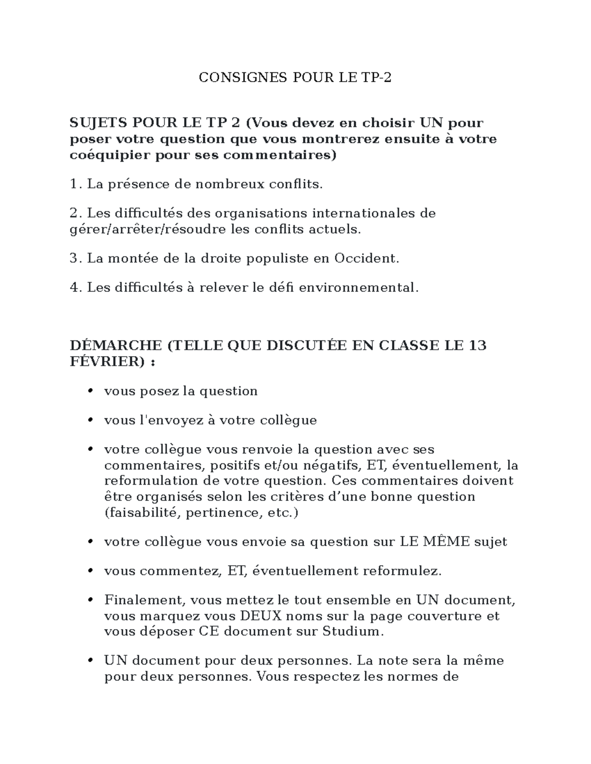 Consignes POUR LE TP-2 - CONSIGNES POUR LE TP- SUJETS POUR LE TP 2 (Vous devez en choisir UN ...