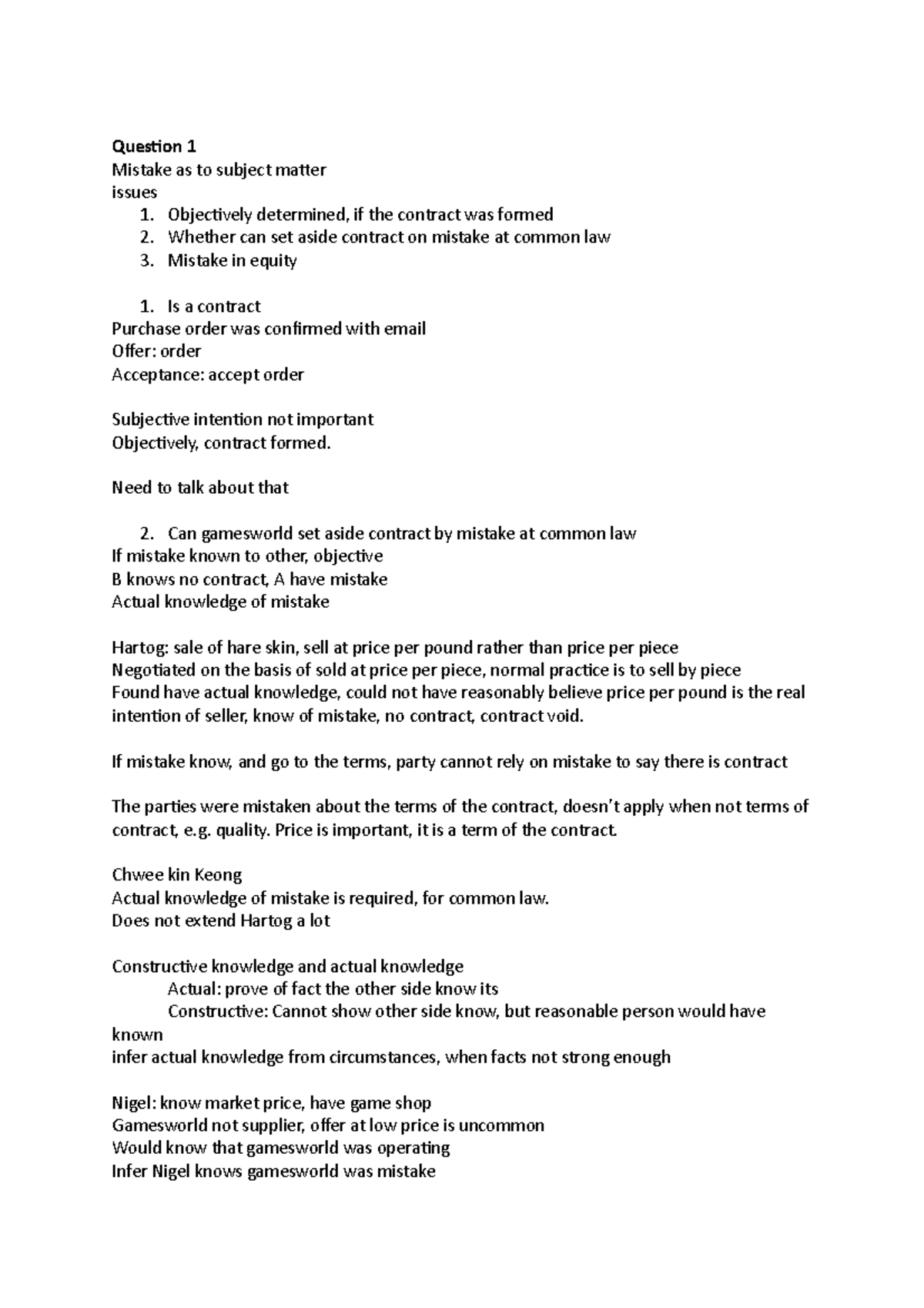 Contract mistake topic 6 tutorial 2.docx - Question 1 Mistake as to subject matter issues 1 ...