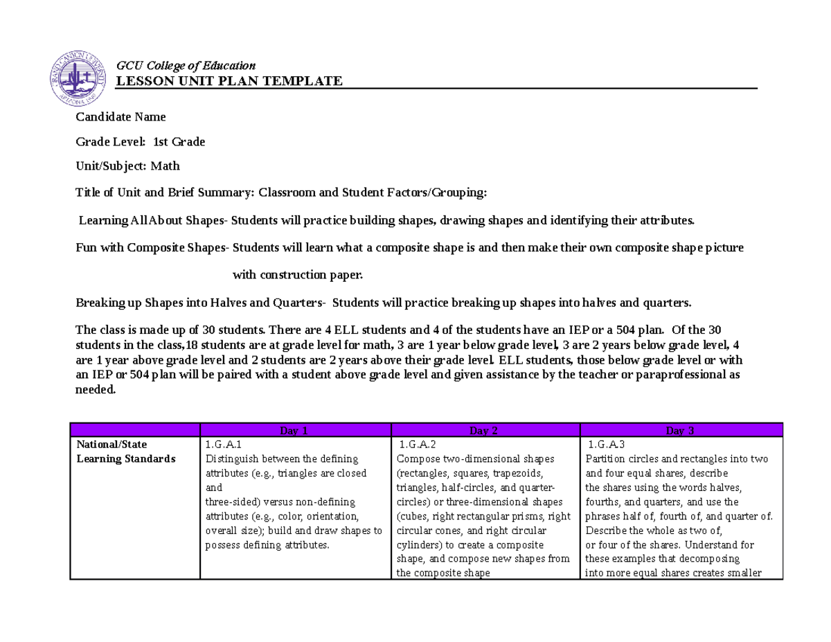 1st Grade Math Unit Plan: Shapes and Composite Shapes - Studocu