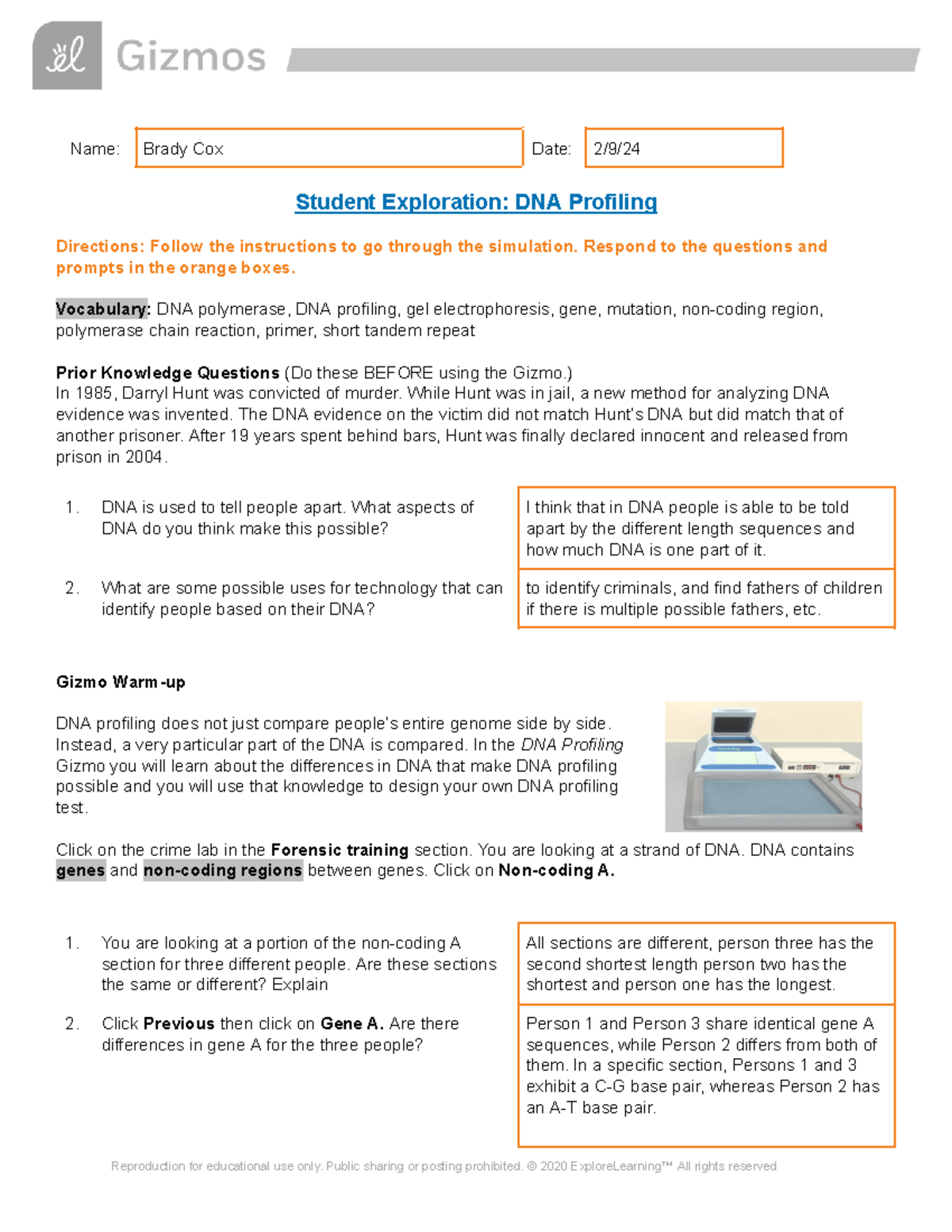 Gizmos DNA Profiling SE - Name: Brady Cox Date: 2/9/ Student ...