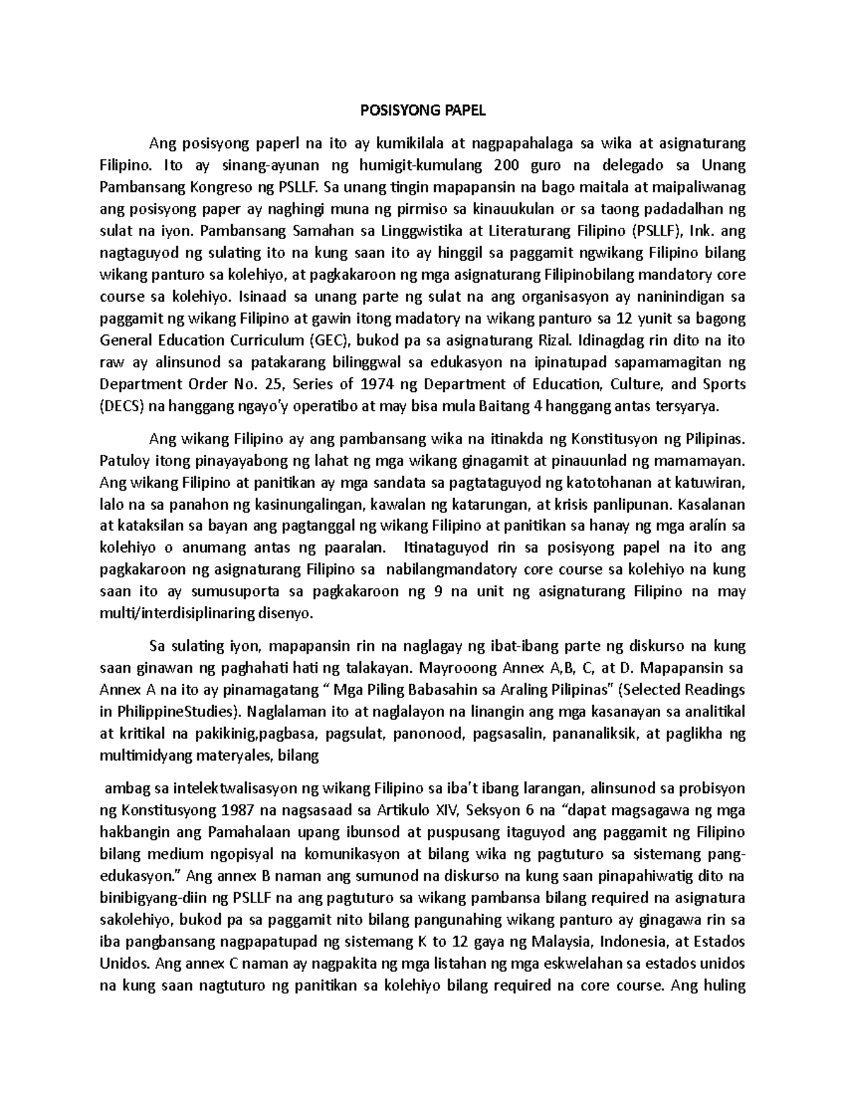 position paper for the komfil even though - POSISYONG PAPEL Ang ...