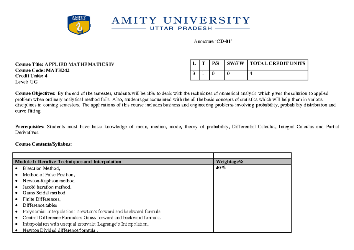 Maths syllabus - Annexure ‘CD-01’ Course Title: APPLIED MATHEMATICS IV ...