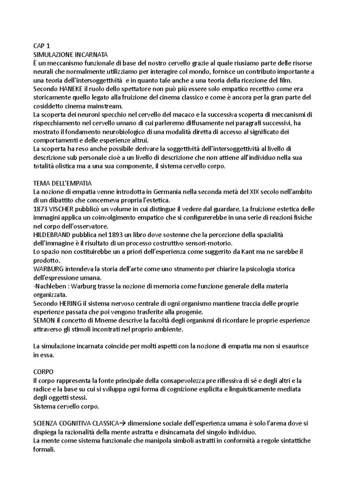 Scherma empatico - Riassunto Lo schermo ematico. Cinema e neuroscienze ...