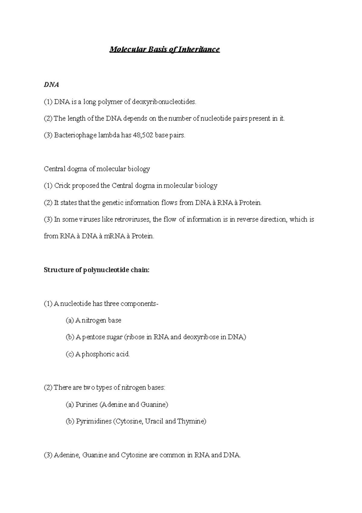 Molecular basis of inheritance (notes) - Molecular Biology And Genetic ...