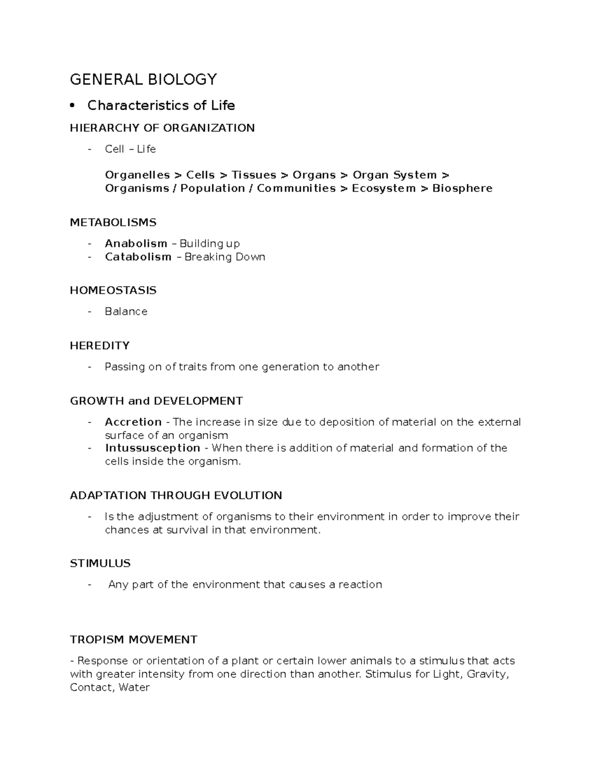 General Biology 1st Quarter - GENERAL BIOLOGY Characteristics of Life ...