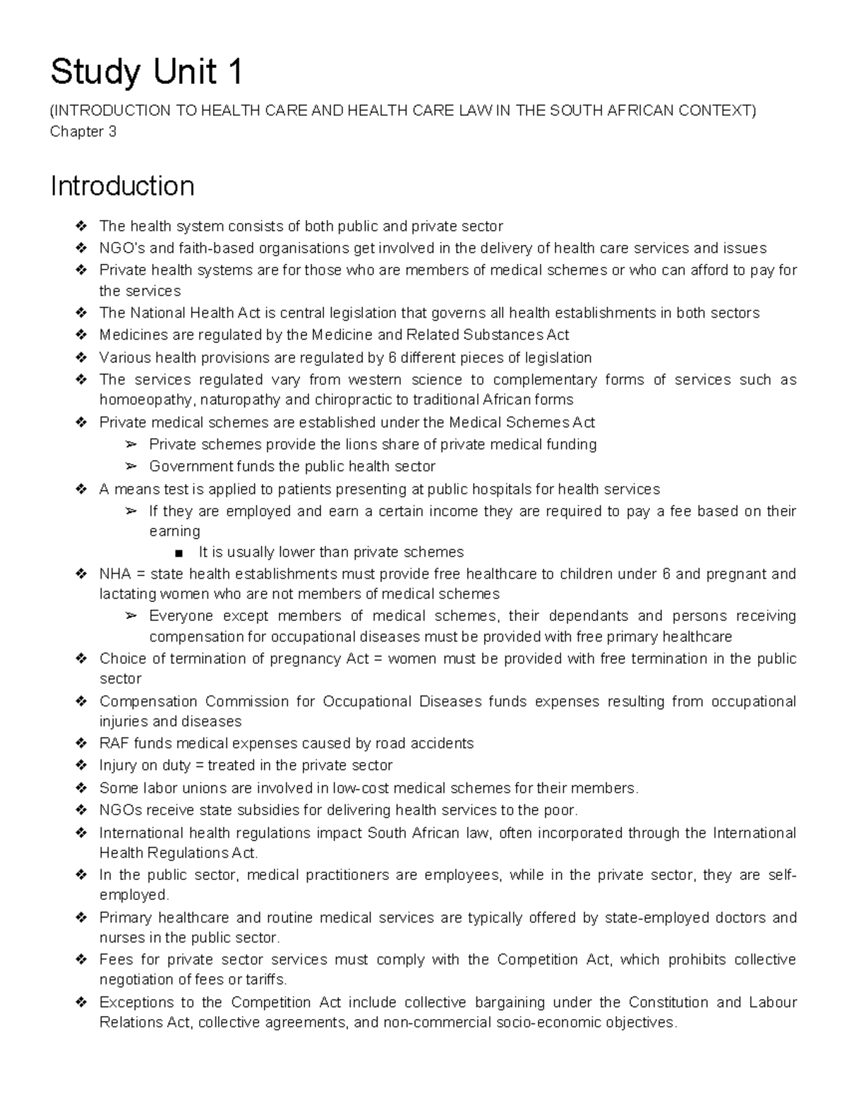 Study Unit 1 - Summary Health Care Law - Study Unit 1 (INTRODUCTION TO ...