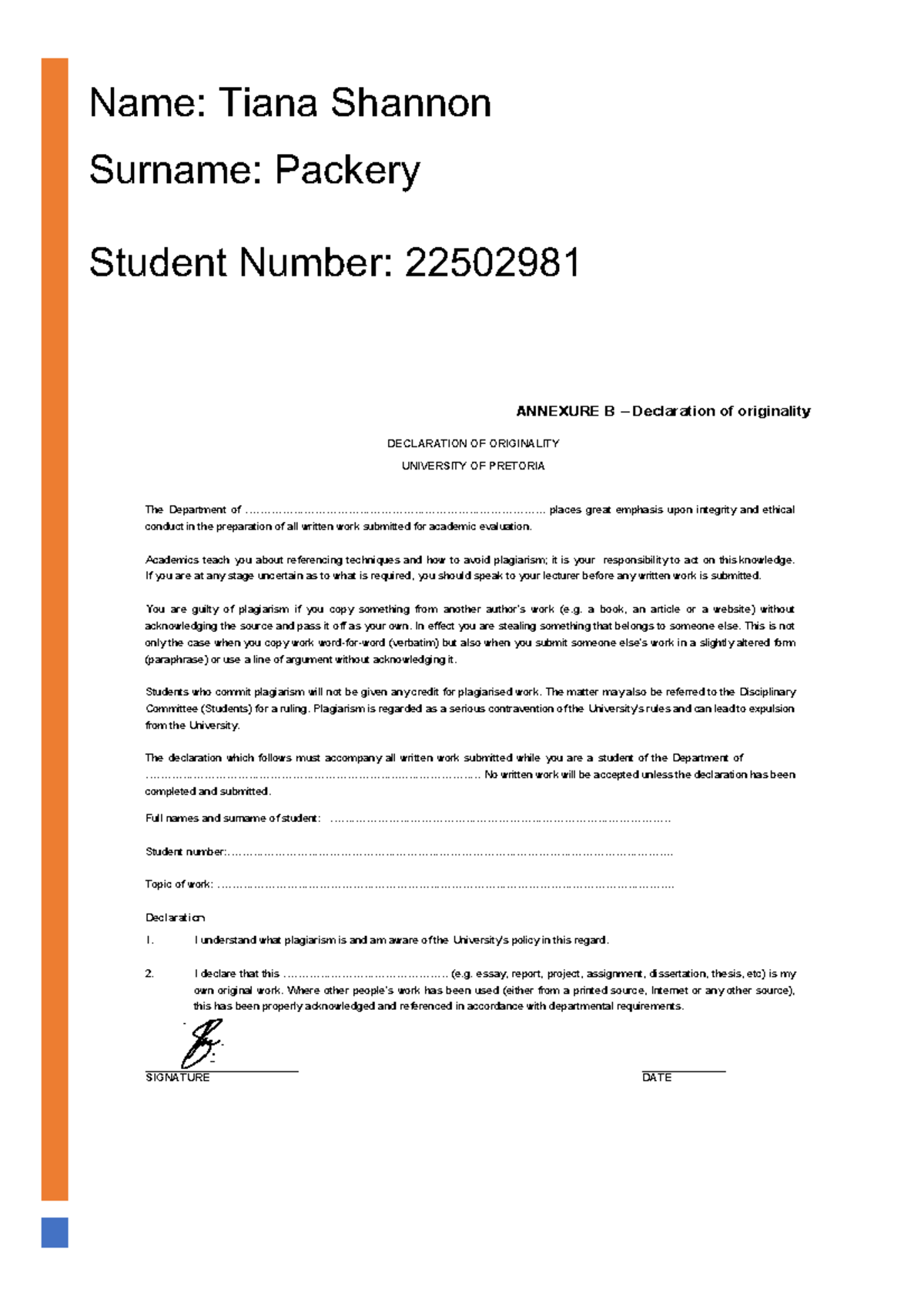 ISR 310- Guest lecturer essay- Tiana Packery - ANNEXURE B – Declaration ...