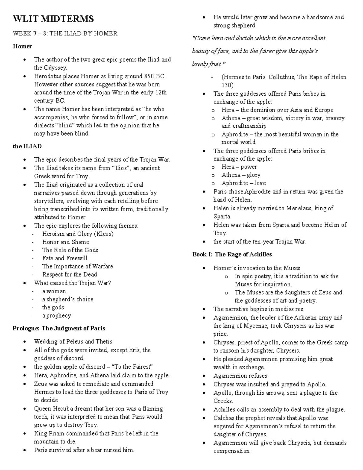 WLIT Midterms - WLIT MIDTERMS WEEK 7 – 8 : THE ILIAD BY HOMER Homer ...