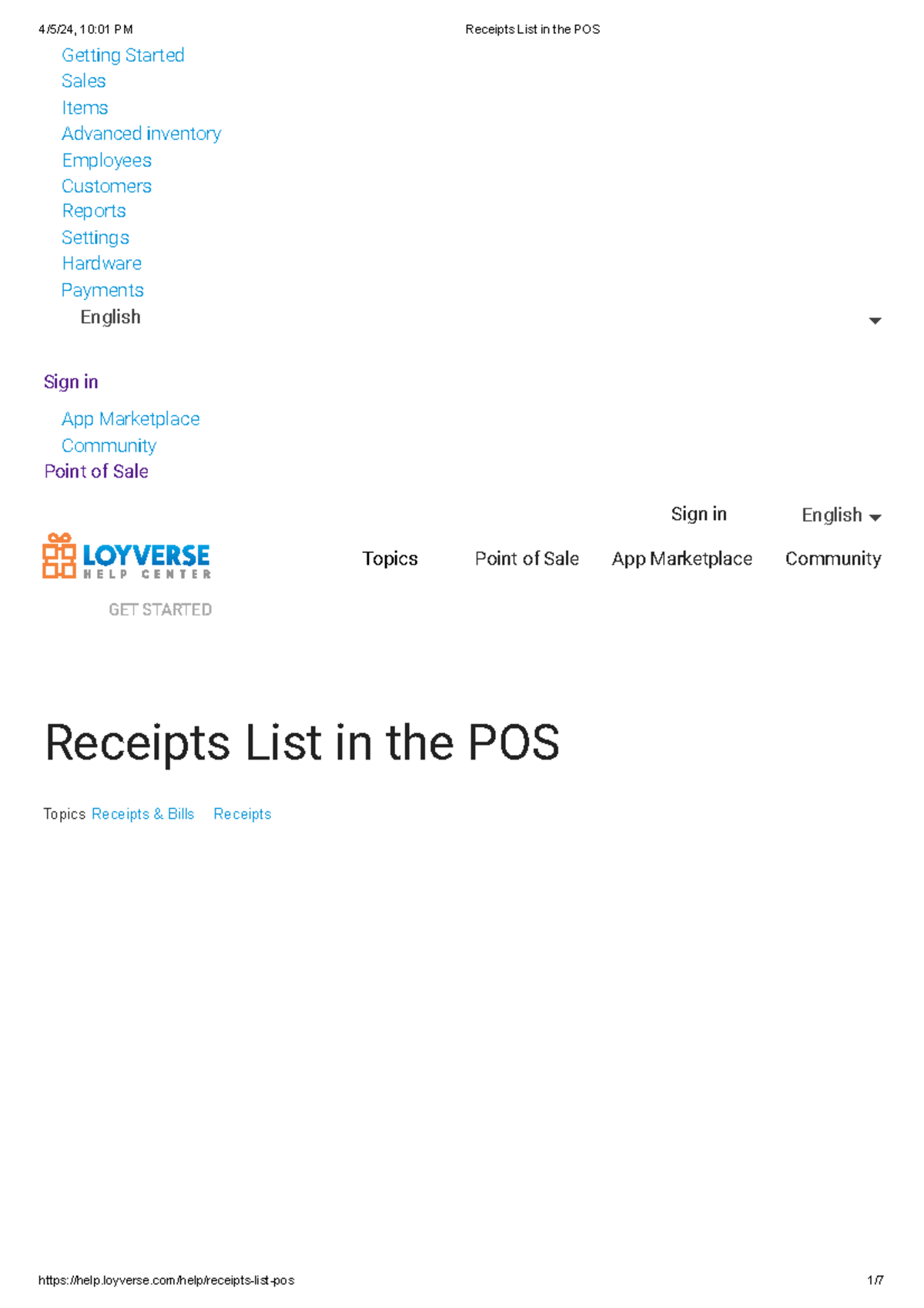Receipts List in the POS - Getting Started Sales Items Advanced inventory Employees Customers ...