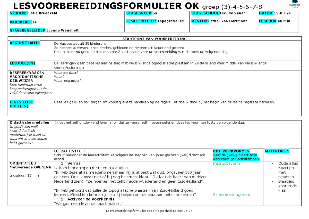 Lesvoorbereidingsformulier topo pabo - LESVOORBEREIDINGSFORMULIER OK ...