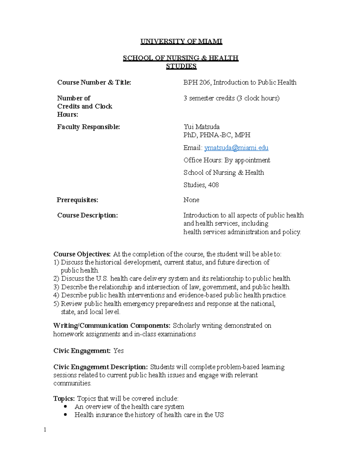 BPH 206 Syllabus Spring 2022 - UNIVERSITY OF MIAMI SCHOOL OF NURSING ...