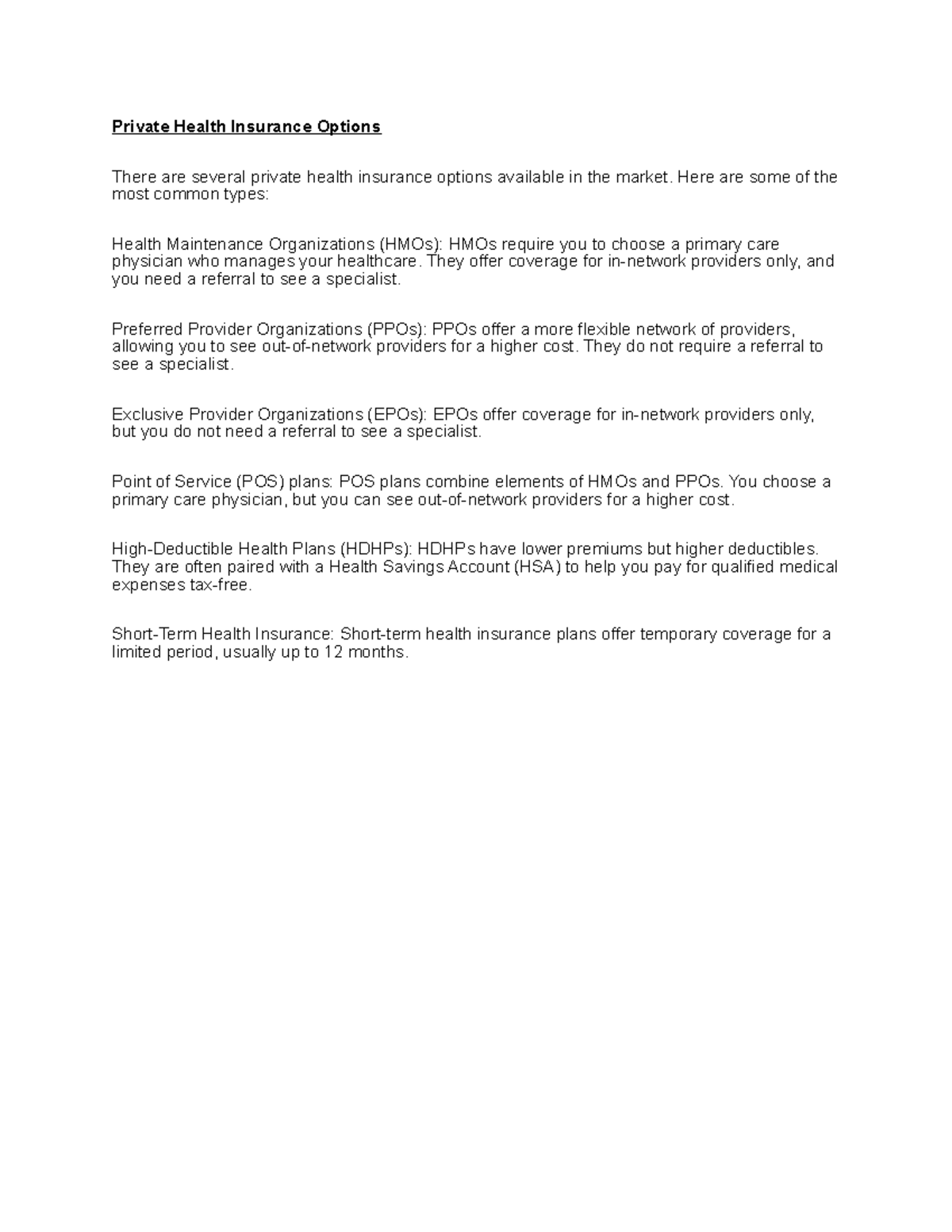 Private Health Insurance Options - Here are some of the most common ...