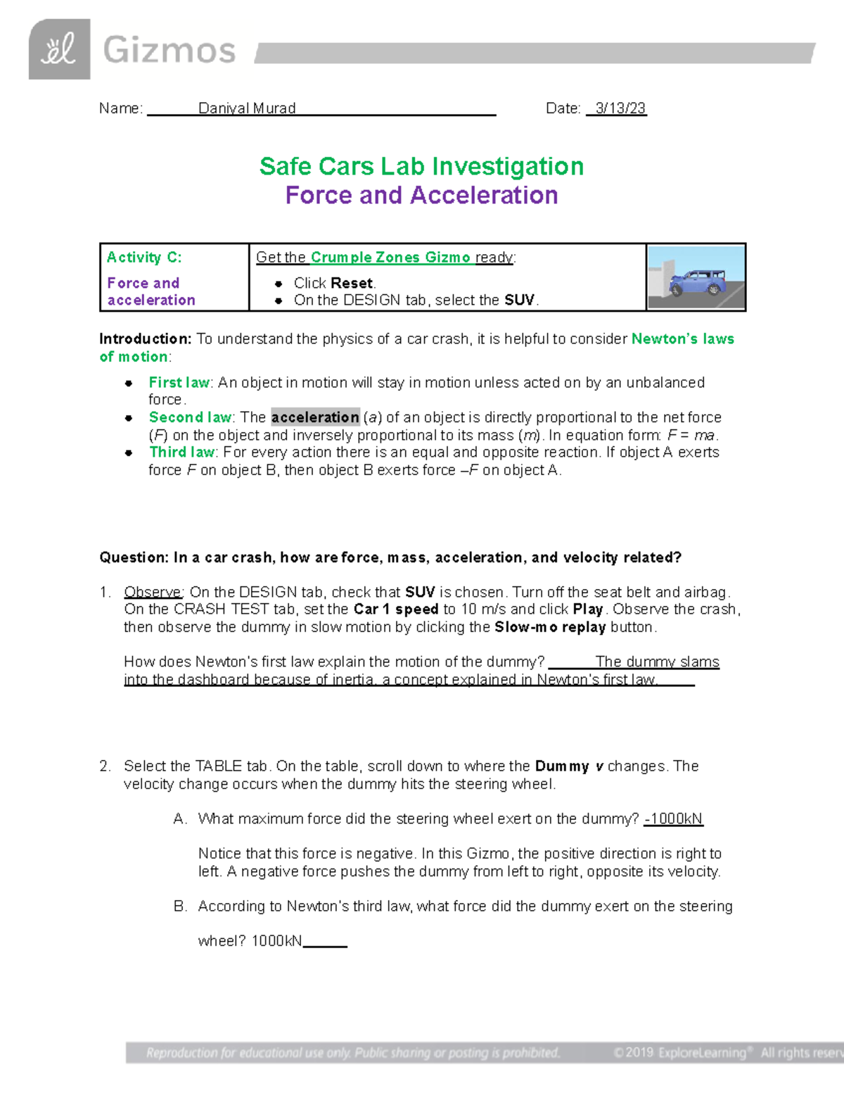 Safe Cars Investigation Lab - Force and Acceleration - Name: Daniyal ...