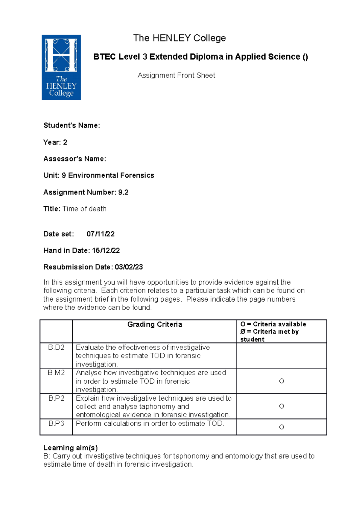 Unit 9 Assignment - The HENLEY College BTEC Level 3 Extended Diploma in ...